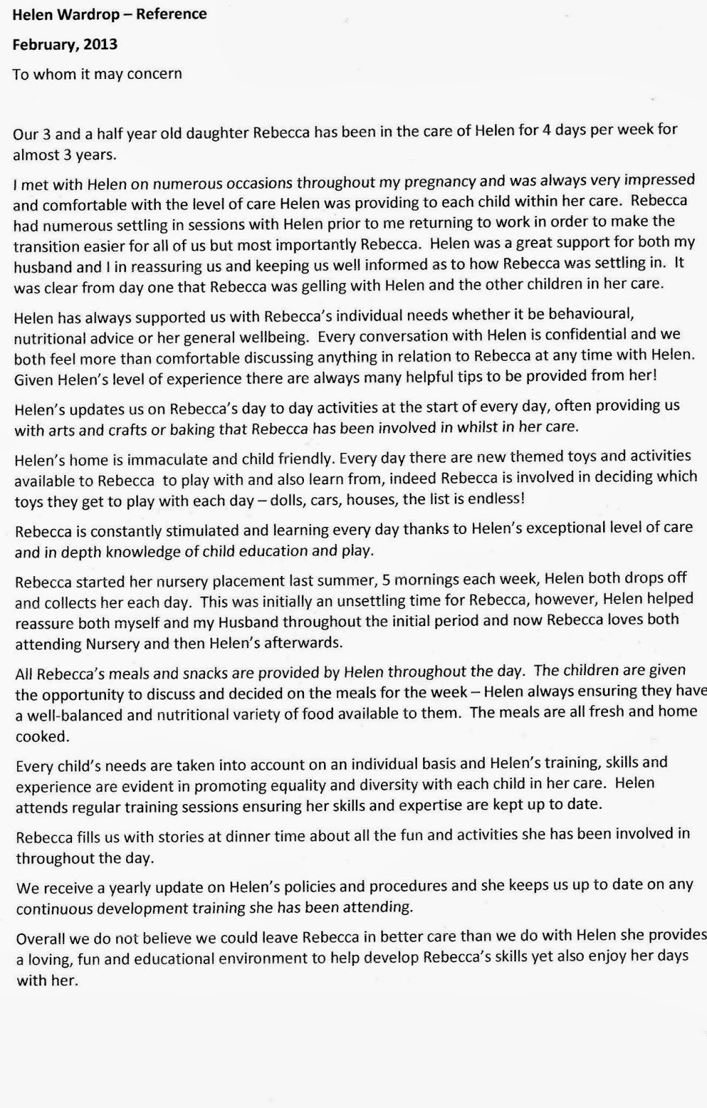 Helen Childminder: References