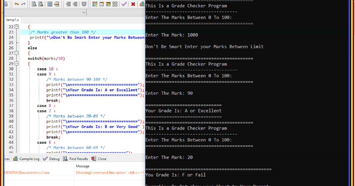 C Program For Find A Grade Of Given Marks Using Switch Case