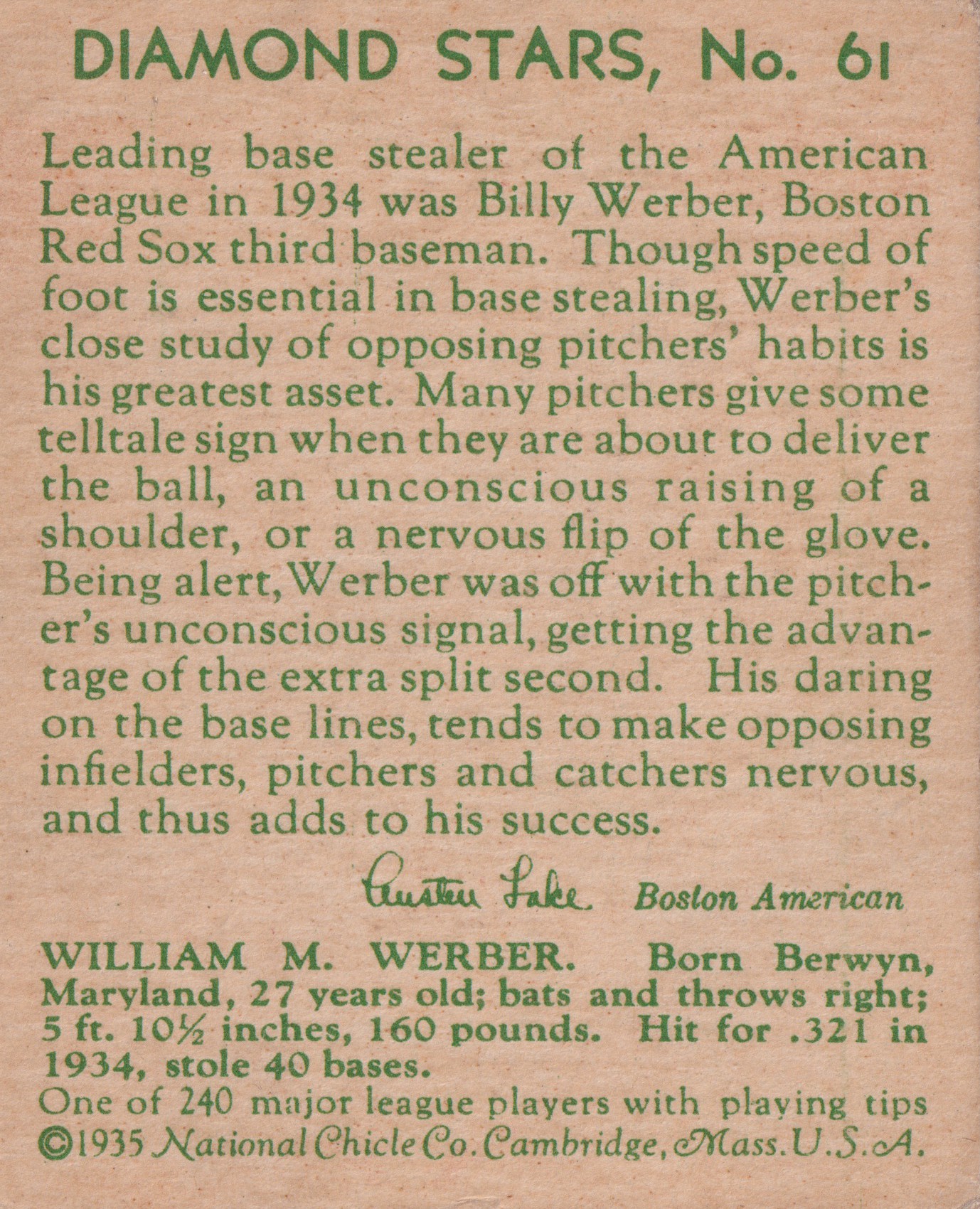 1934-1936 Diamond Stars: #61 - "Billie" Werber - Boston Red Sox