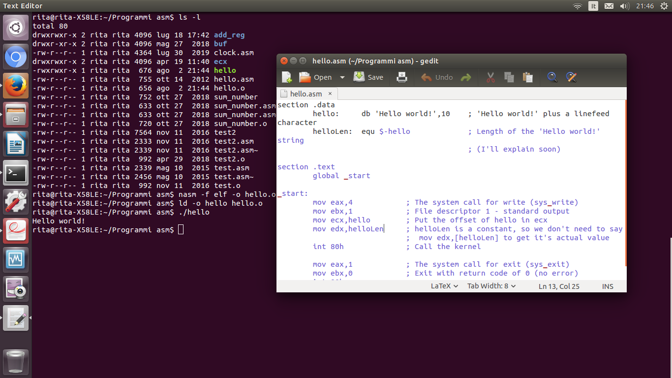 Assembler Linux. An example Hello world.
