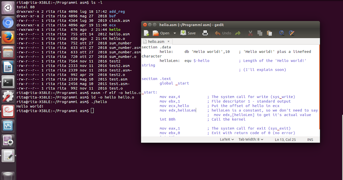 Assembler Linux. An example Hello world.