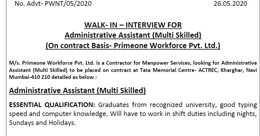 UDYOG ADDA: WALK- IN – INTERVIEW FOR Administrative Assistant (Multi Skilled) (On contract Basis ...