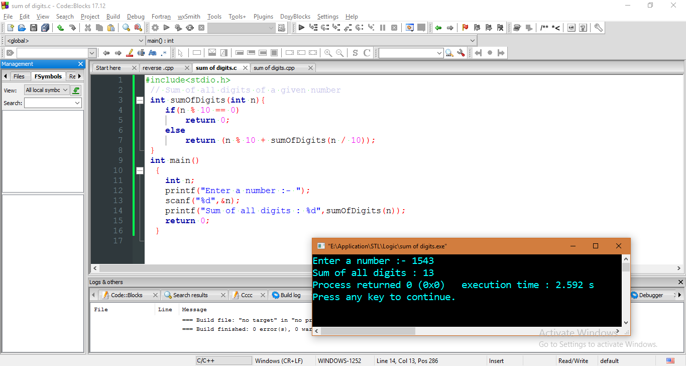 Program in C and C++ to find sum of digits of a given number using ...