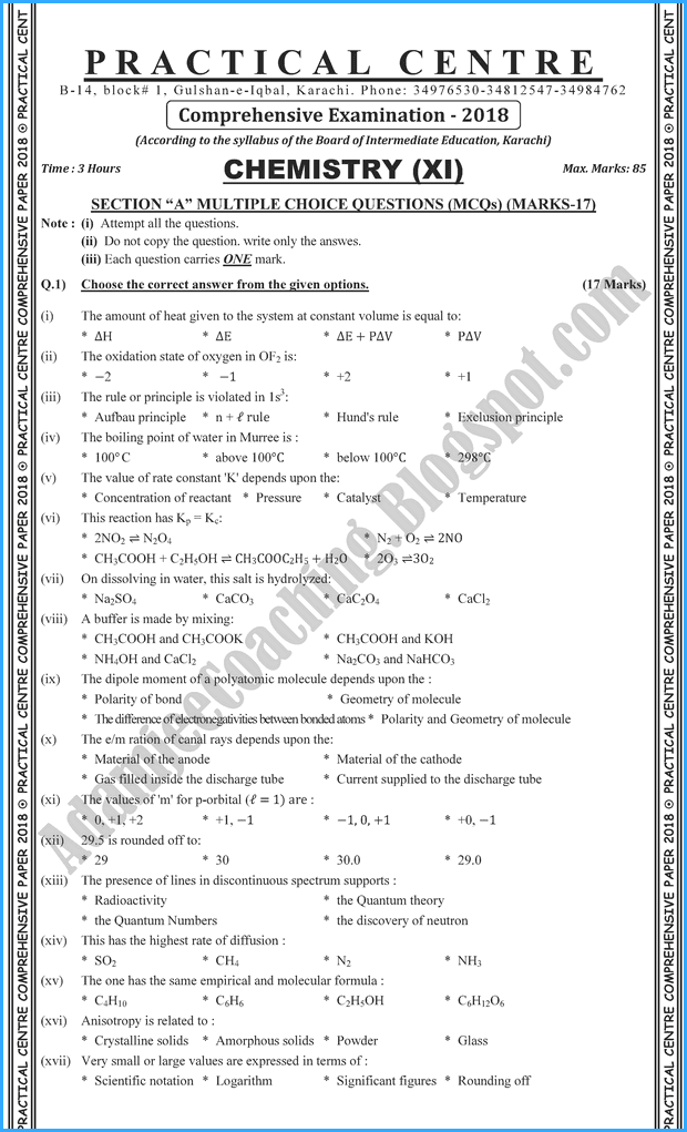 Adamjee Coaching: Chemistry 11th - Practical Centre Guess Paper 2018