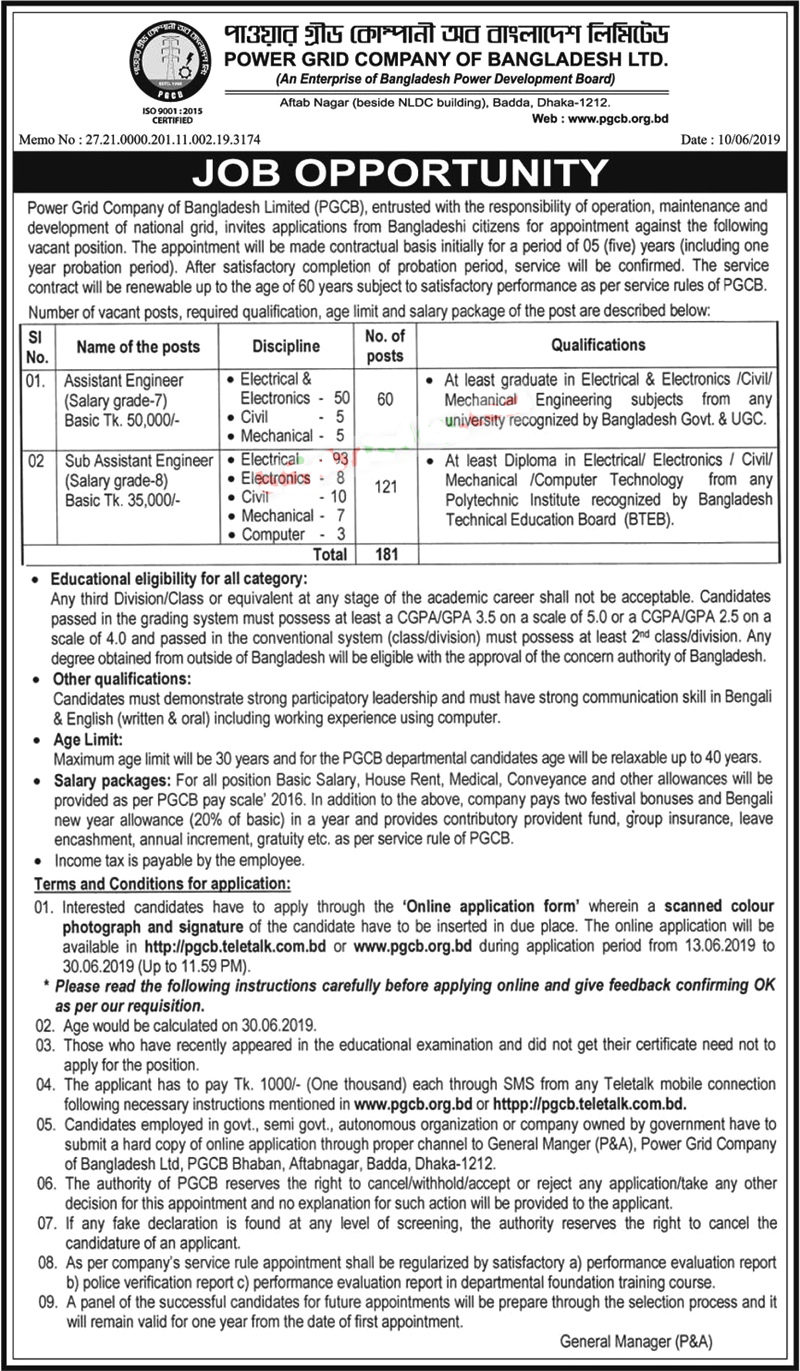Power Grid Company Of Bangladesh Ltd Job Circular 2019 | www pgcb ...