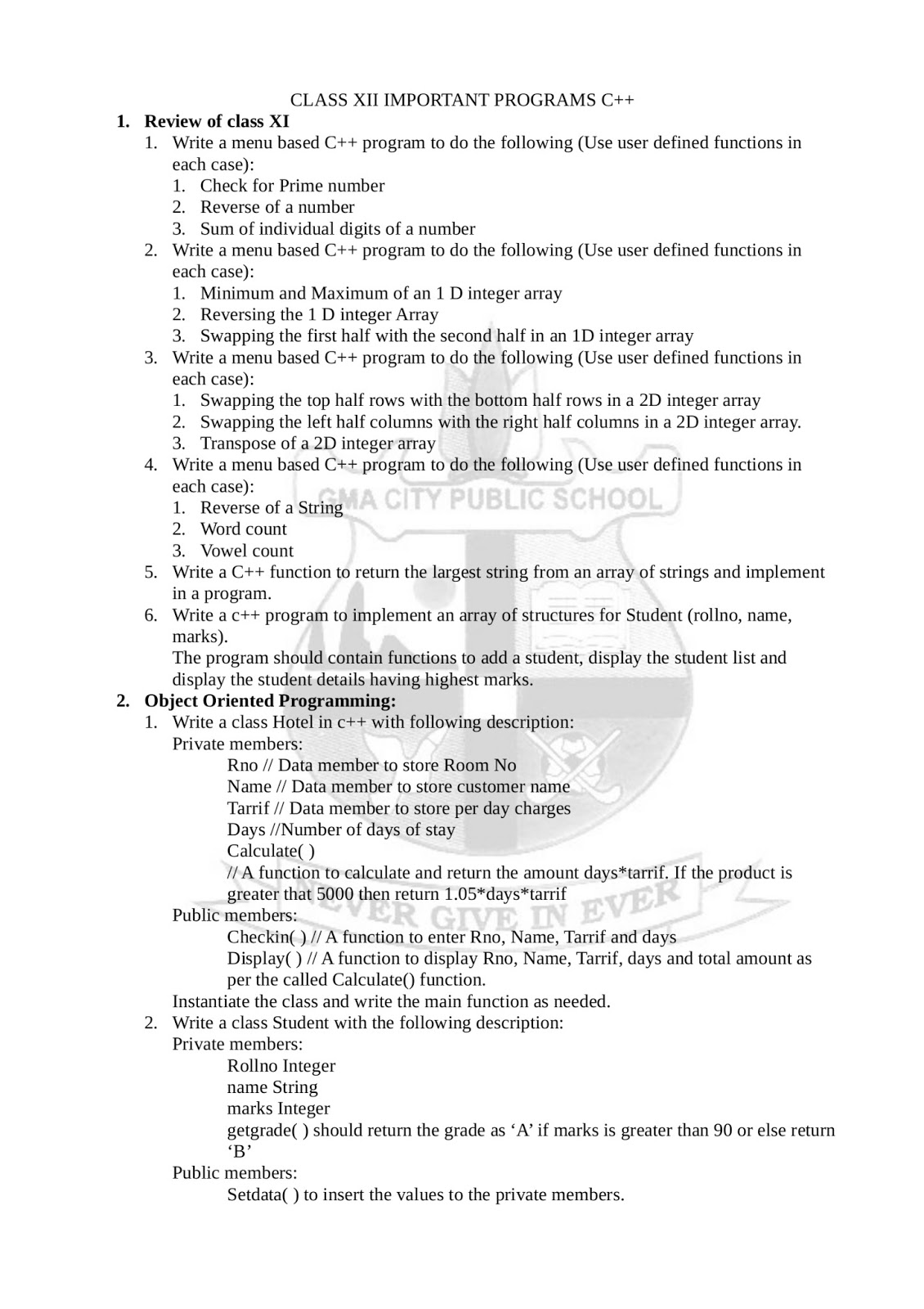 QUADD HELP: CLASS XII: C++ Important Programs