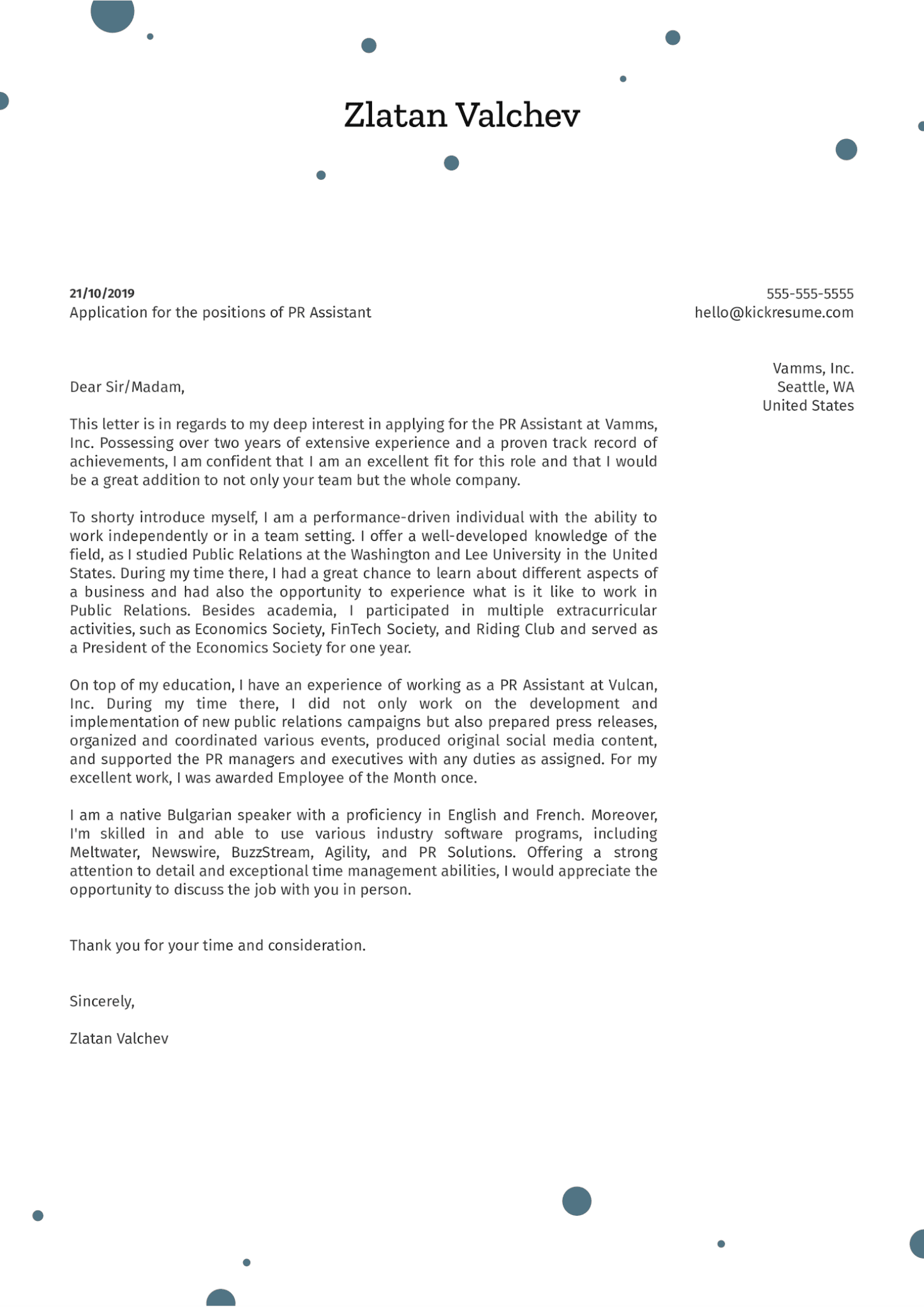 Publicity Assistant Cover Letter ~ Resume Letter