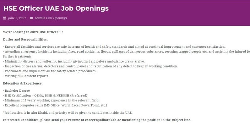 HSE Insider : ( 03 ) HSE/EHS/SAFETY JOBS – JUNE 2021