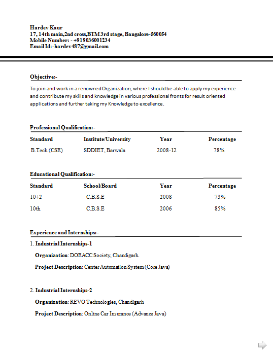B.Tech Resume Format Free Download