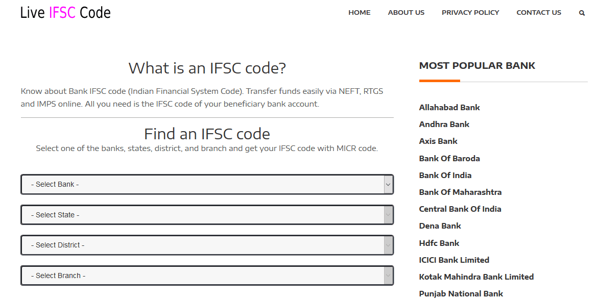 Find IFSC, MICR codes, Address and All Bank