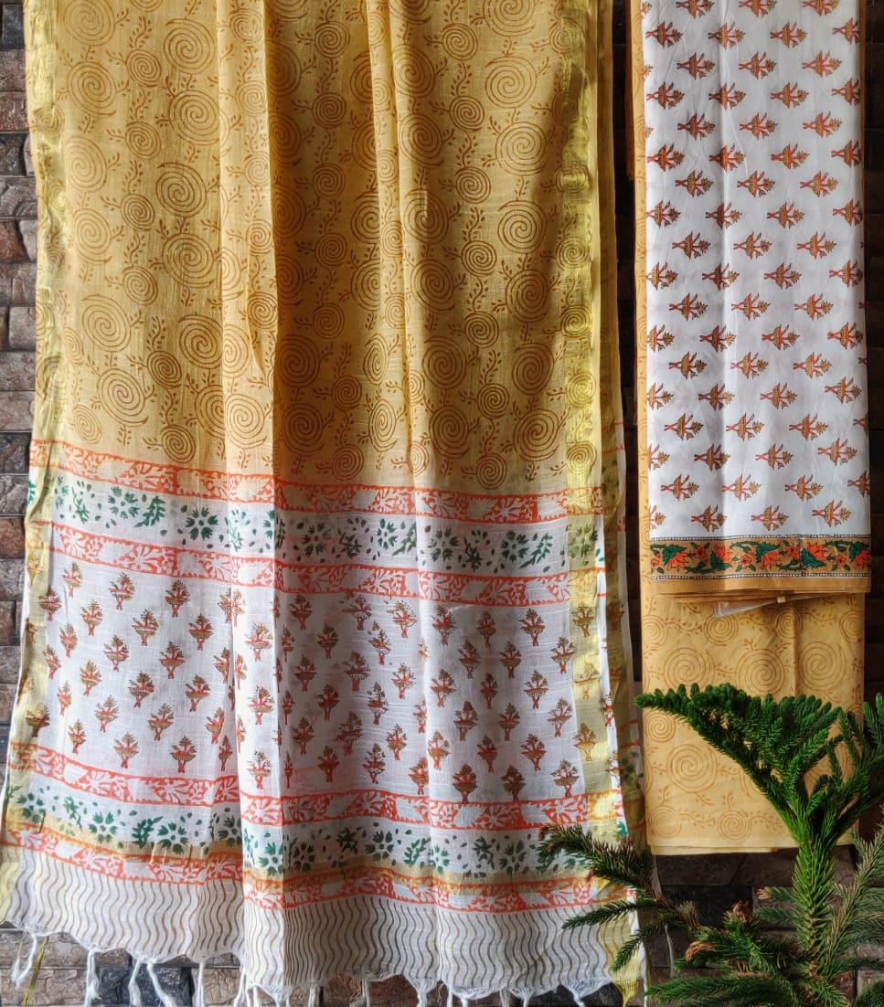 Block print cotton suits with lenin dhupta