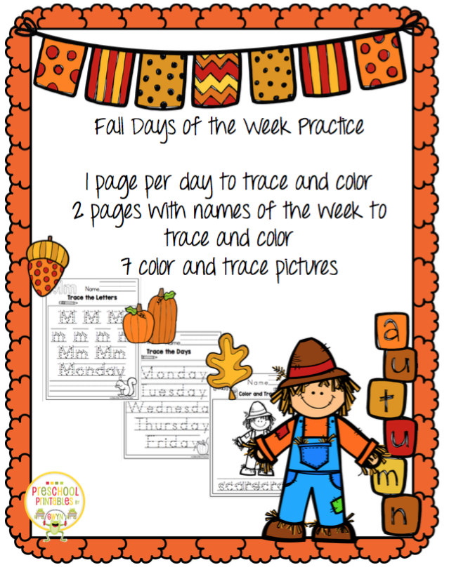 Fall Theme-Days of the Week Practice "No Prep" ~ Preschool Printables
