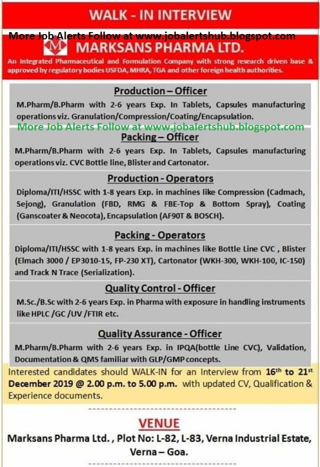 Walk-In Interviews for Production / Packing / QC / QA / Operators on 18th - 21st Dec' 2019 ...