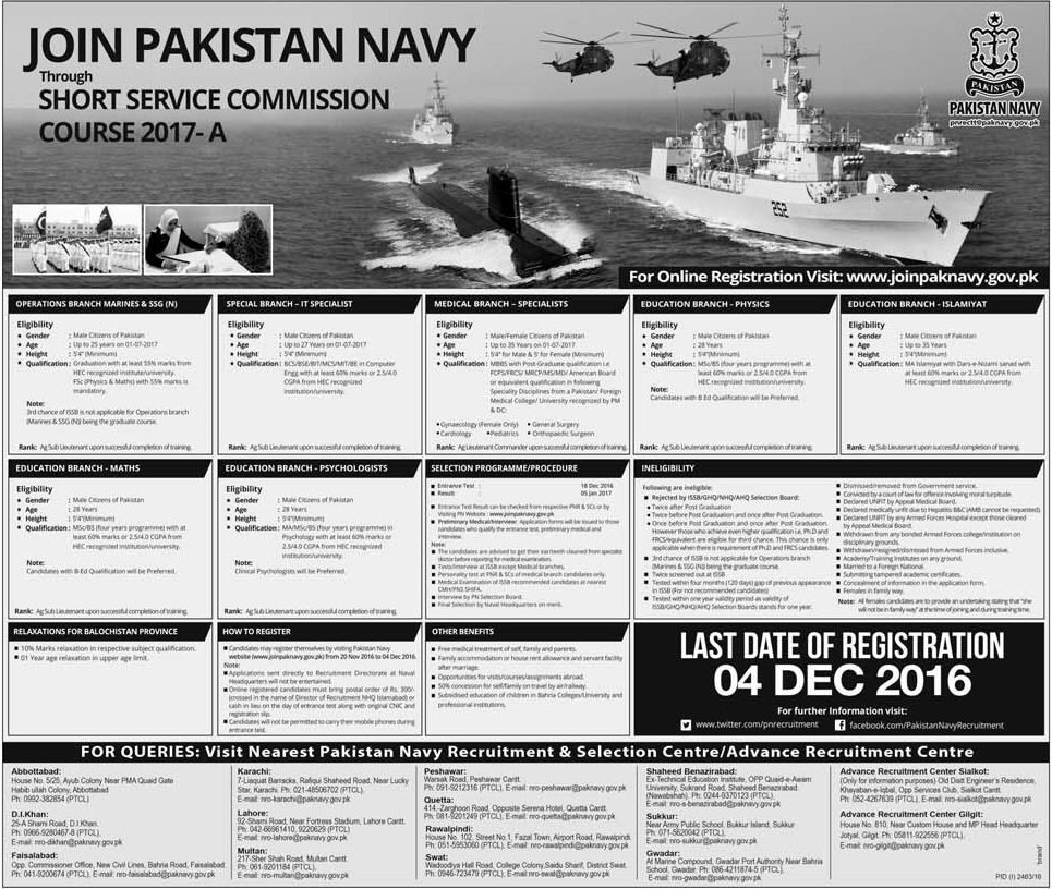 Join Pak Navy through Short Service Commission Course 2017-A in ...