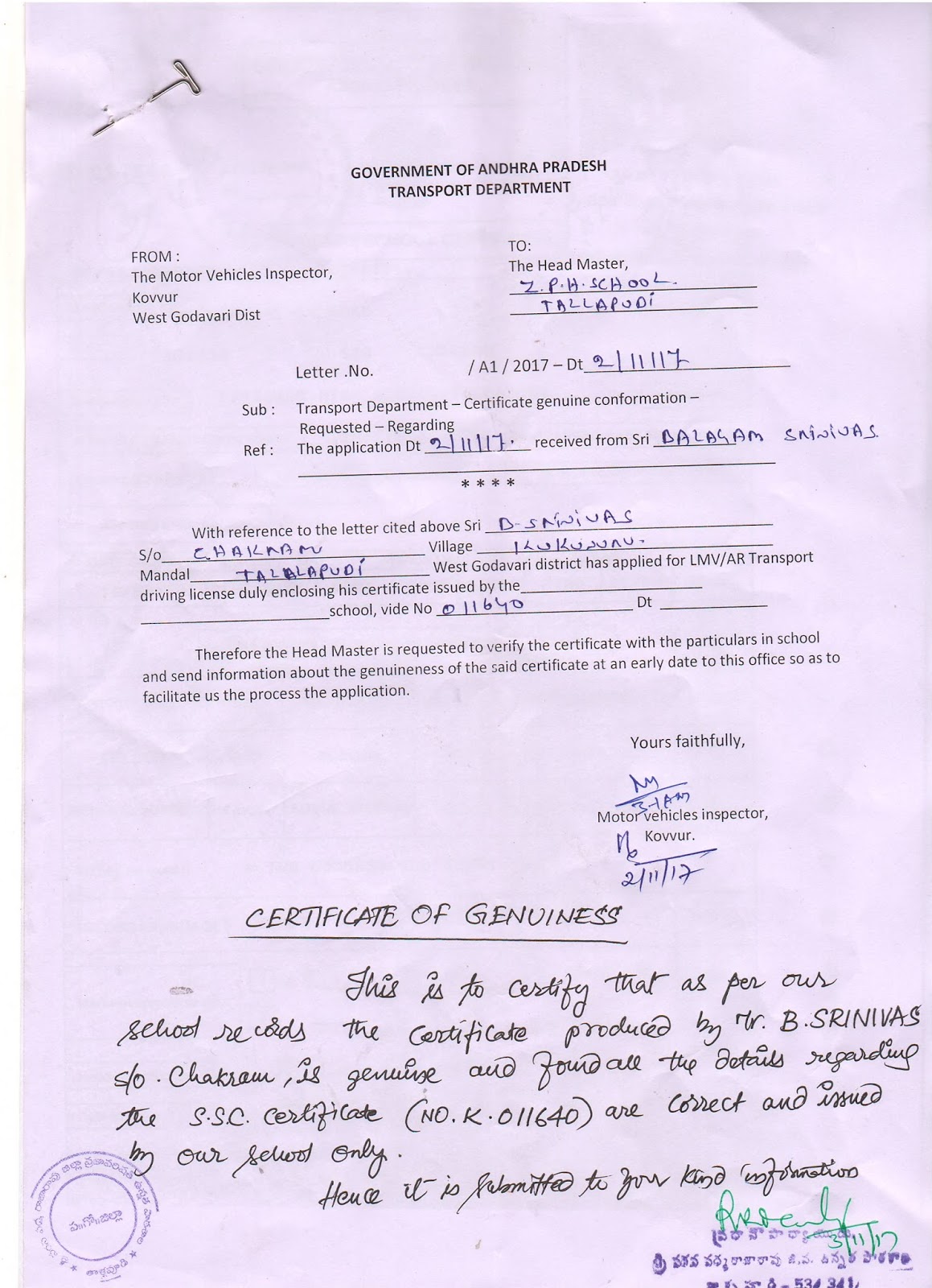 ZPHS TALLAPUDI: :: CERTIFICATE OF GENUINENESS :: BALAGAM SRINIVAS SON ...