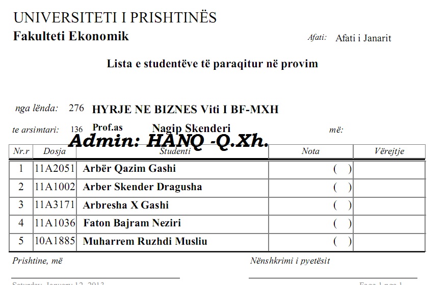 `: Listat e studentave ne provime me daten 22.01.2012