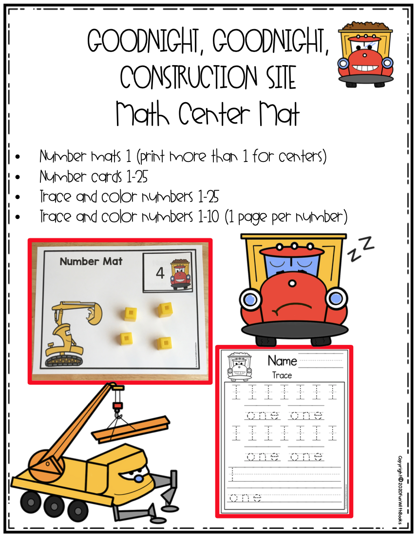 GOODNIGHT, GOODNIGHT, CONSTRUCTION SITE MATH CENTER MATS ~ Book Units ...