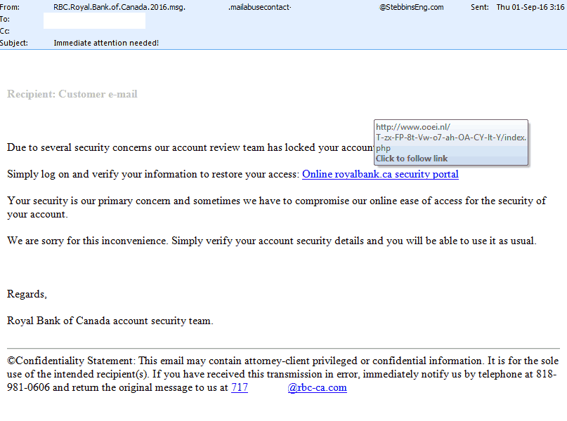 Metadata Consulting [dot] ca: Phishing Email - RBC Immediate attention ...