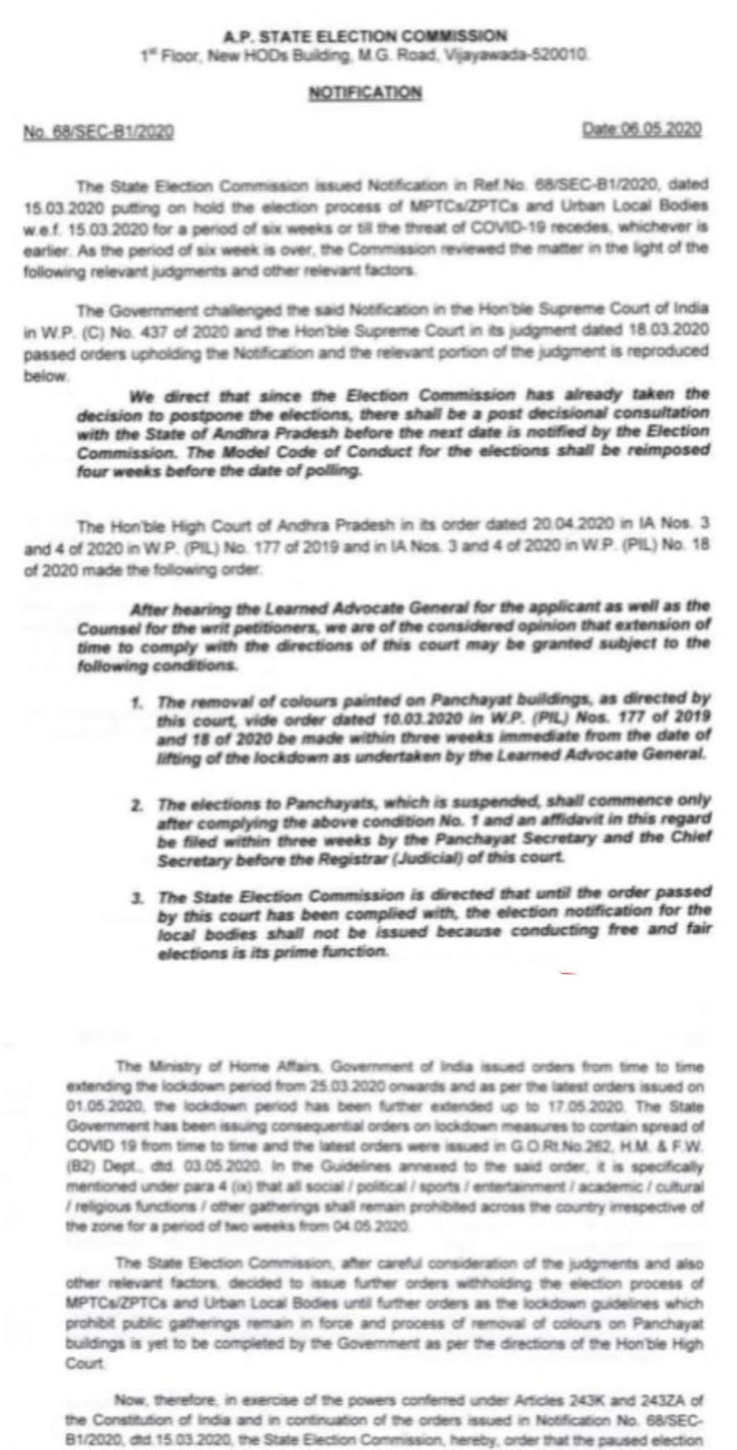 NOTIFICATION - Postponement of Elections untill further orders - APEdu