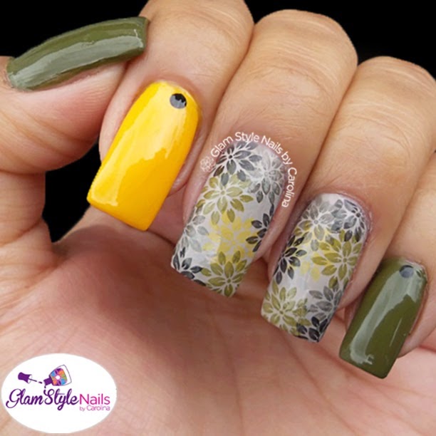 Glam Style Nails by Carolina: GREEN. YELLOW & GREY FLOWERS
