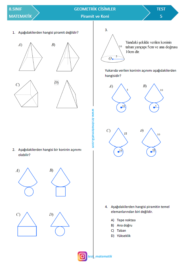 8.SINIF PİRAMİT VE KONİ TESTİ - Test Matematik
