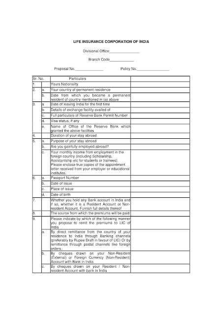 LIC Forms Download - LIC NRI Questionnaire Form - LIC Branches In India