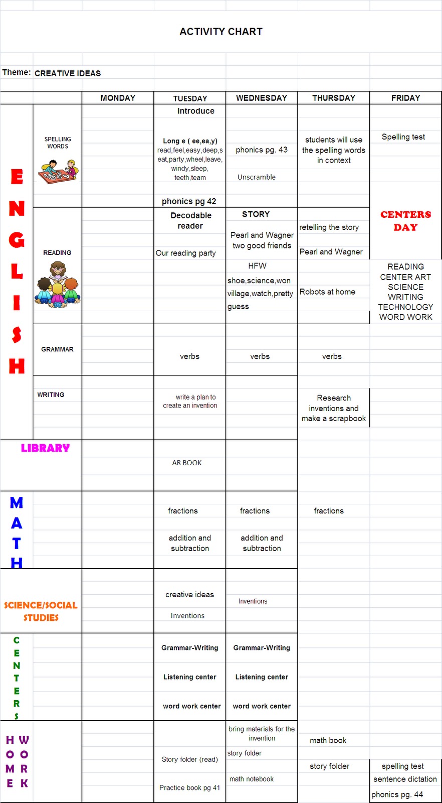 FIRST GRADE: Activity Chart Nov 15th Nov 18th