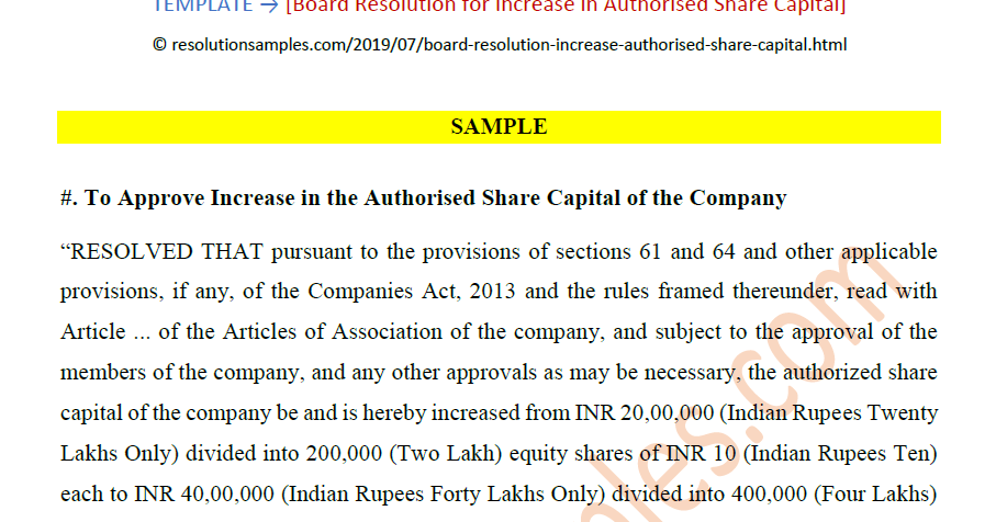 Draft Board Resolution for Increase in Authorised Share Capital