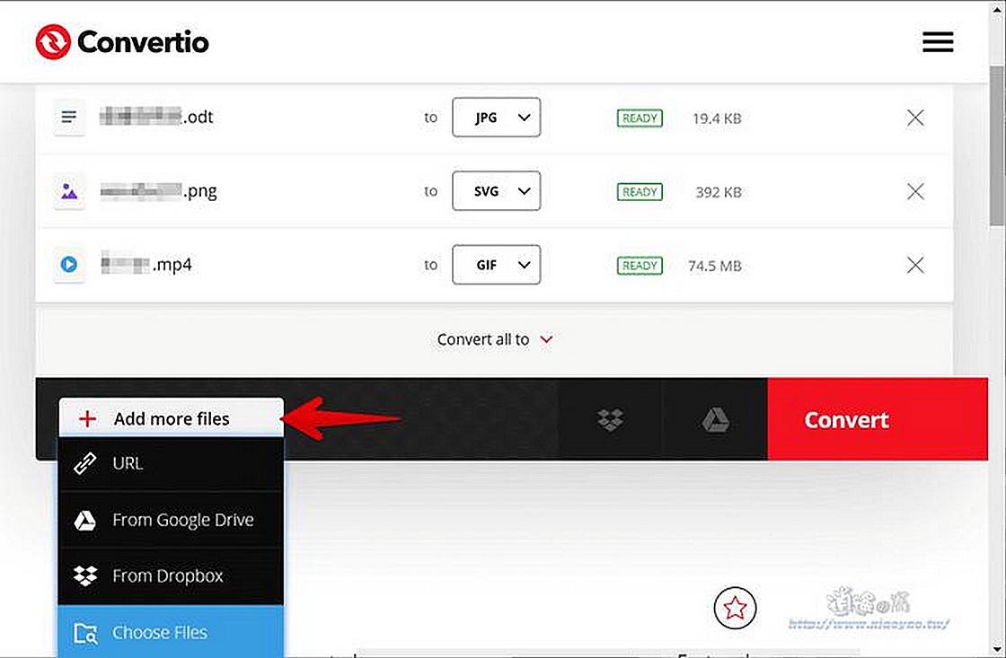 Convertio 免費線上轉檔工具，支援文書/圖片/影音上百種檔案格式