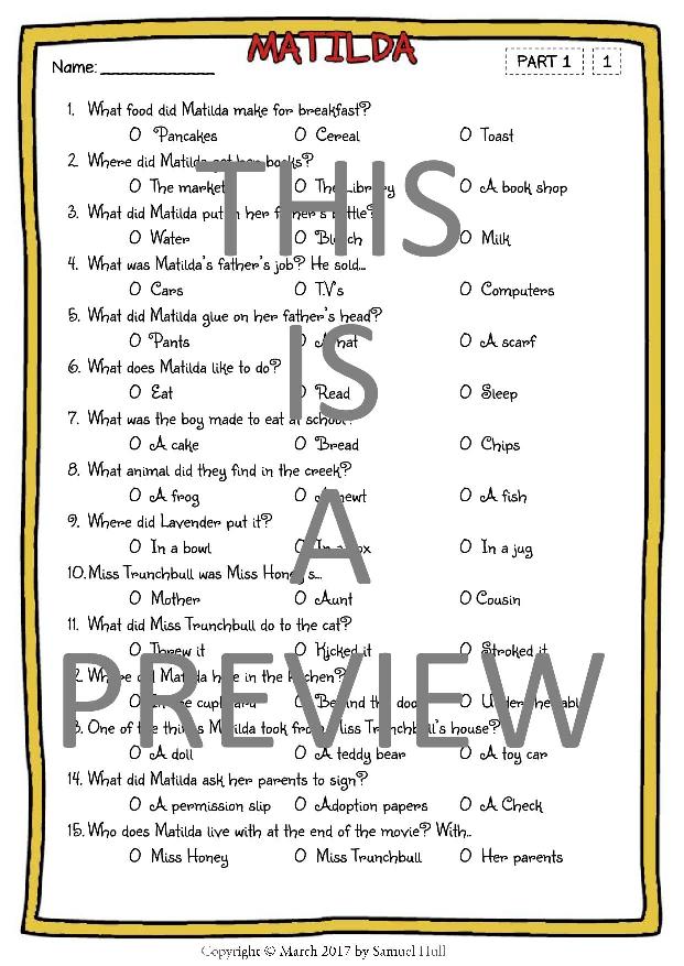 Matilda (1996) - Movie Comprehension Questions + Activities - Answer ...