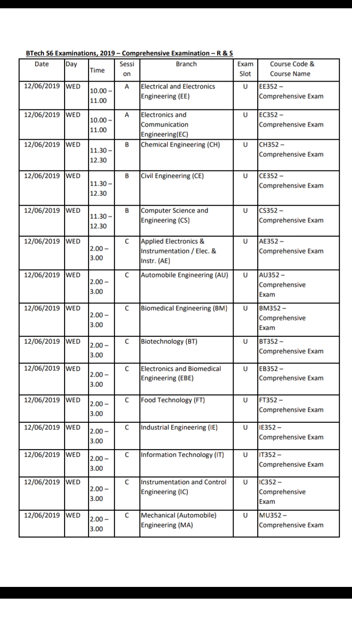 Time Table of B.Tech S6 (R & S) Comprehensive Examination Published ...