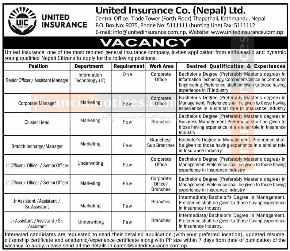 United Insurance Company Nepal Vacancy for Various Positions | Chetan TM