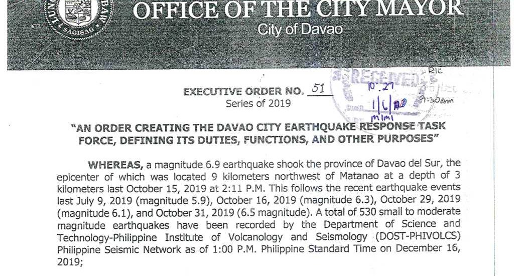 Mabel Sunga Acosta: EXECUTIVE ORDER NO. 51, SERIES OF 2019
