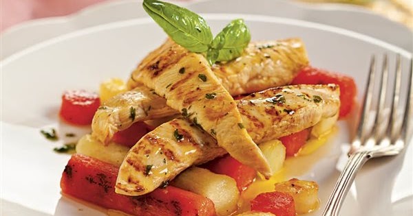 Tiras de pollo con sandia y melon