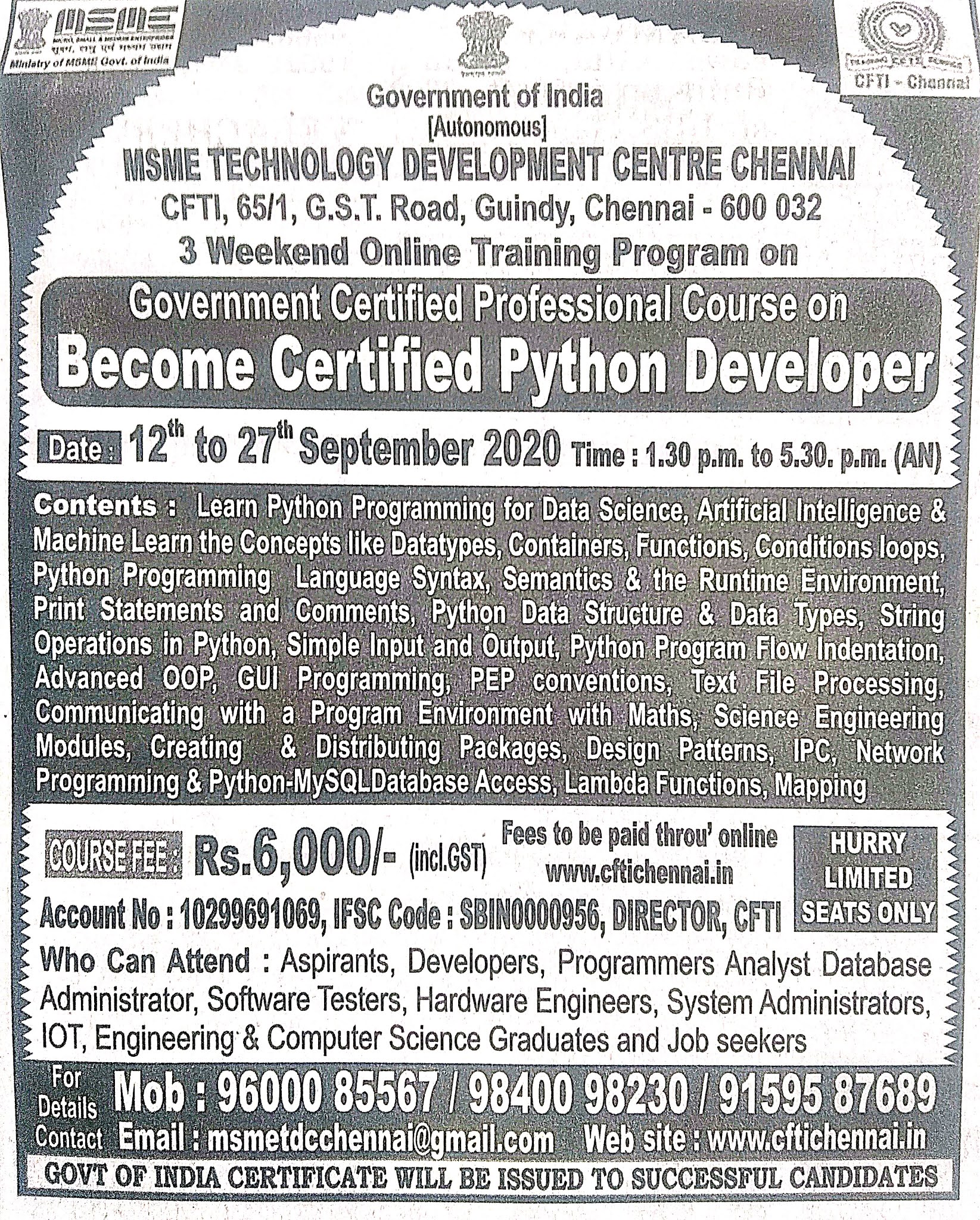 MSME Technology Development Centre Chennai Python Developer Course ...