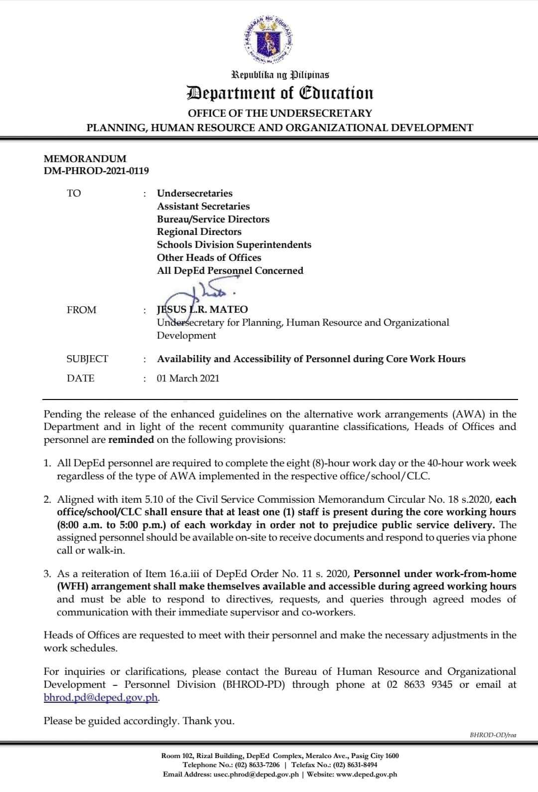 DepEd reiterates the official working hours of personnel on-site or ...