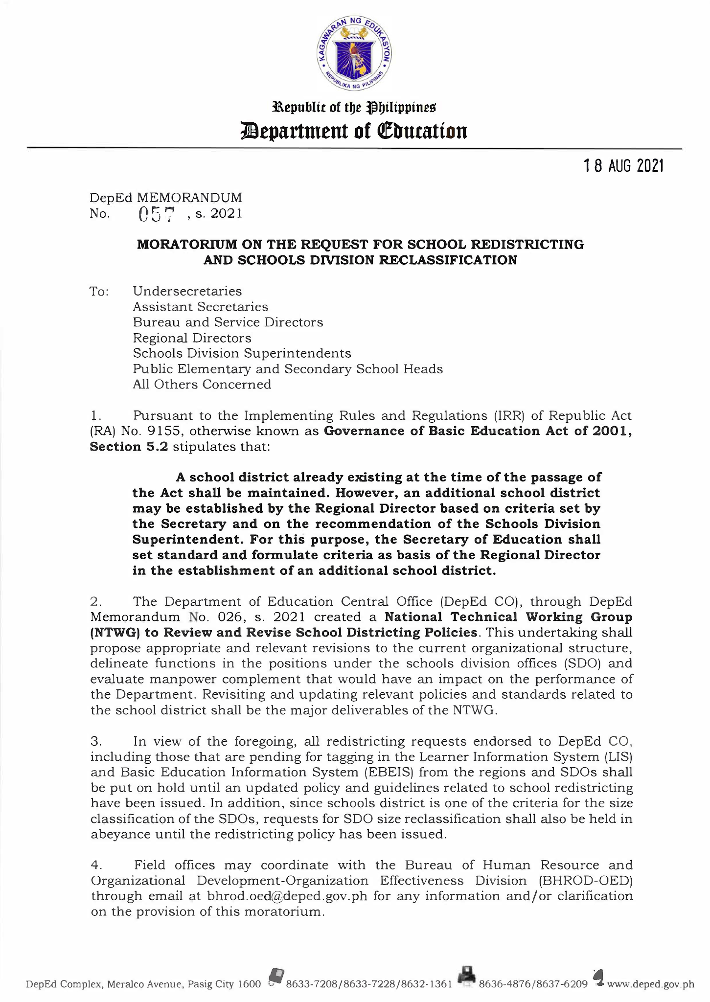 MORATORIUM ON THE REQUEST FOR SCHOOL REDISTRICTING AND SCHOOLS DIVISION moratorium-on-the-request-for-school-redistricting-and-schools-division