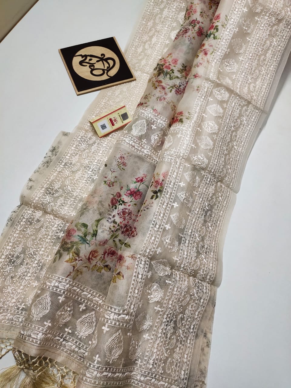 Organza floral chicken work sarees