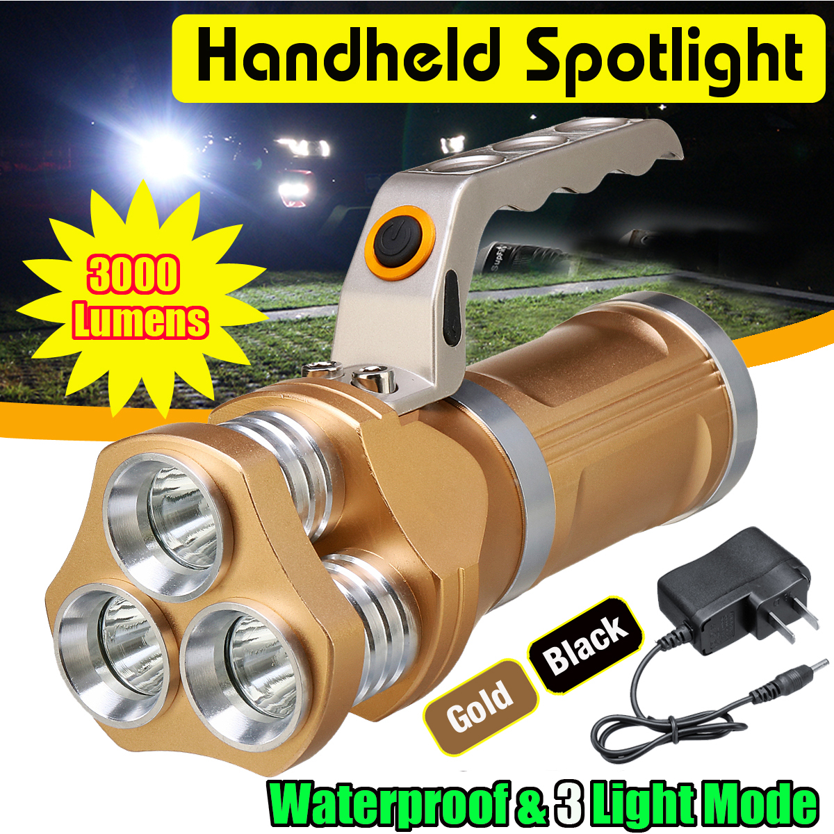 Handheld Spotlight 3000LM 18650 AC Rechargeable LED Flashlight - MIXED ...