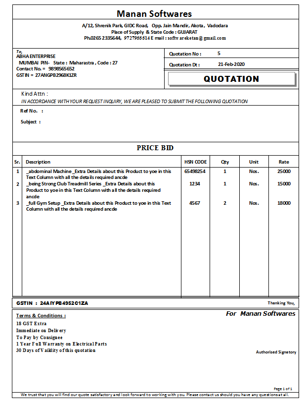 Quotation Designs Made from Software ~ Billing Software Guru