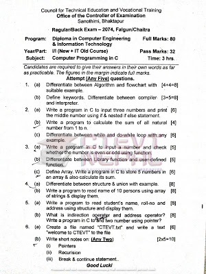 C Programming - 1st Semester Questions Papers CTEVT | Diploma in ...