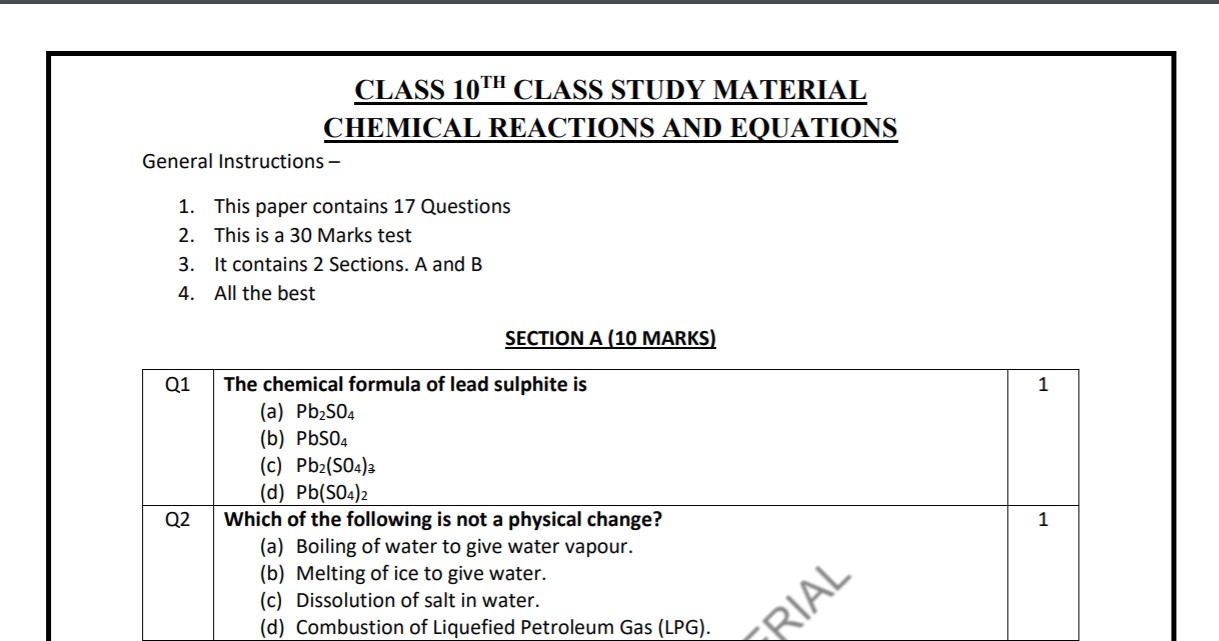 CHEMICAL REACTIONS AND EQUATIONS ( Chemistry ) (Question Paper 1 ...
