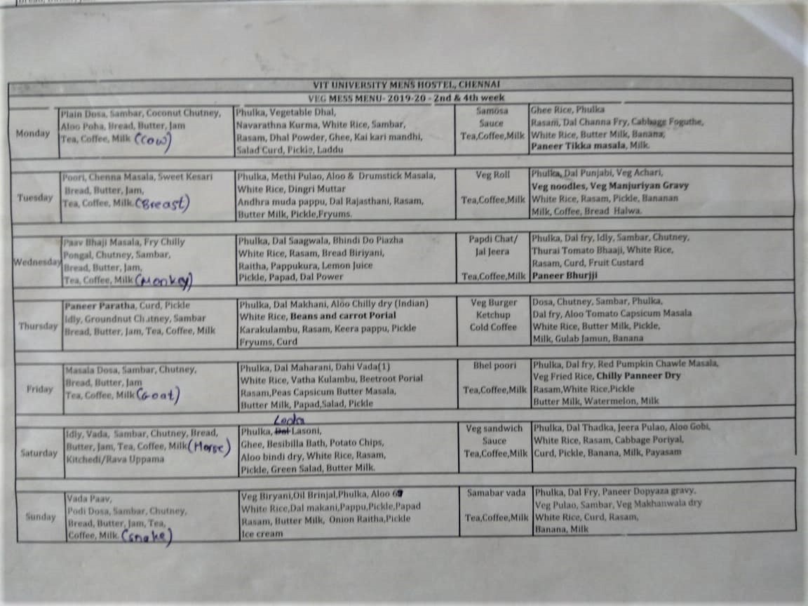 VIT MESS MENU SAMPLES