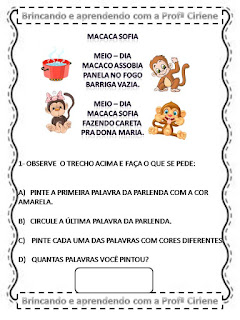 Aprendendo Com a Prof.Cirlene: SEQUÊNCIA DE ATIVIDADES COM PARLENDA: MEIO-DIA MACACA SOFIA (LETRA M)