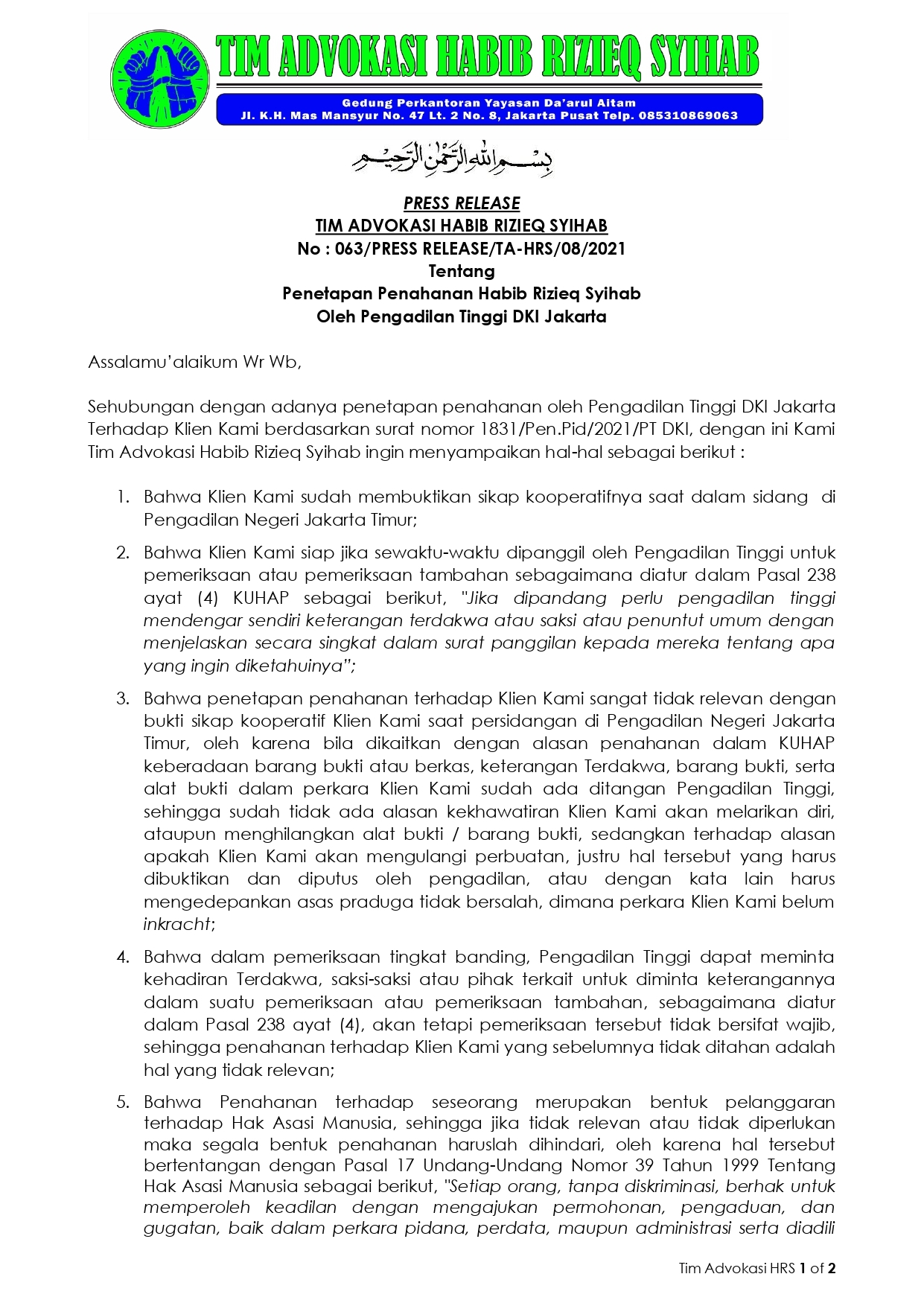 Press Release TA IB HRS Tentang Penetapan Penahanan HRS Oleh Pengadilan ... Press Release TA IB HRS Tentang Penetapan Penahanan HRS Oleh Pengadilan ...