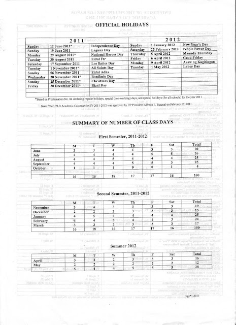 UPLB Academic Calendar 2011-2012