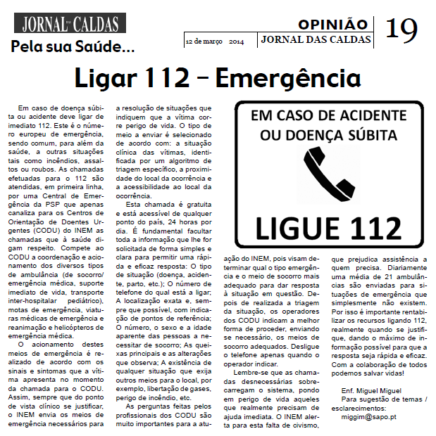 SALUBRIDADES: 6º Artigo "Pela sua saúde..." - Ligar 112 - Emergência