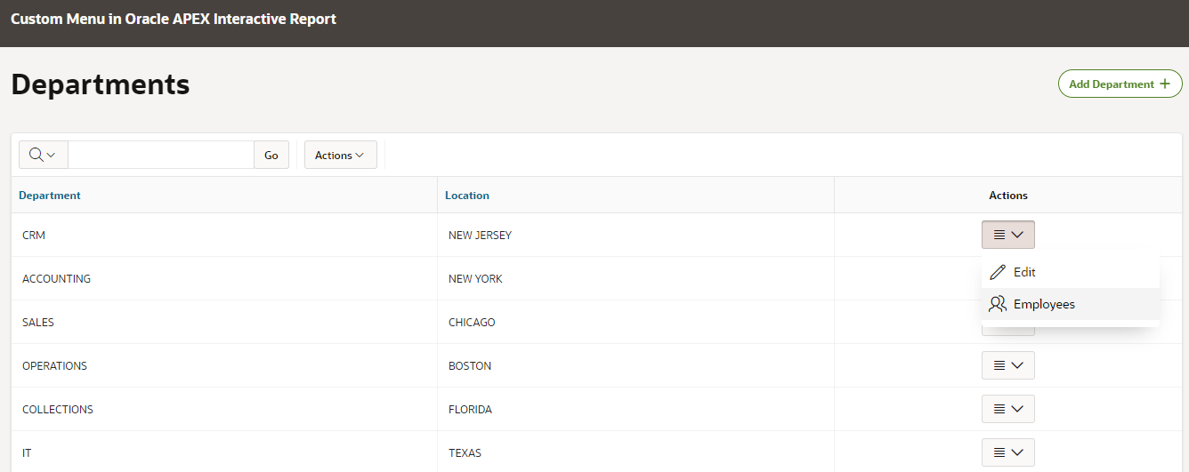 Custom Action Menu in Oracle APEX Reports
