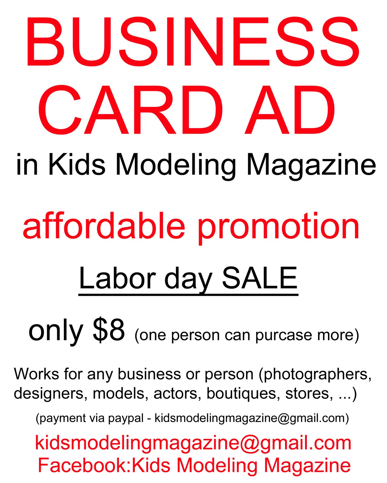 KIDS MODELING MAGAZINE: Affordable promotion - BUSINESS CARD AD in Kids ...