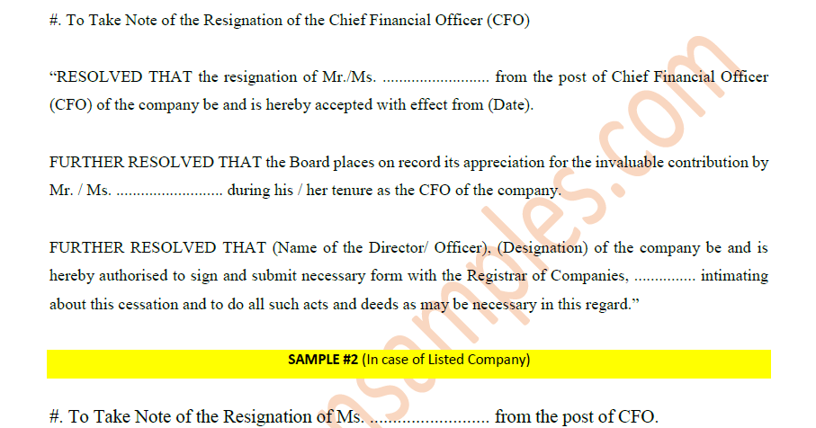 Board Resolution for Resignation of Chief Financial Officer CFO